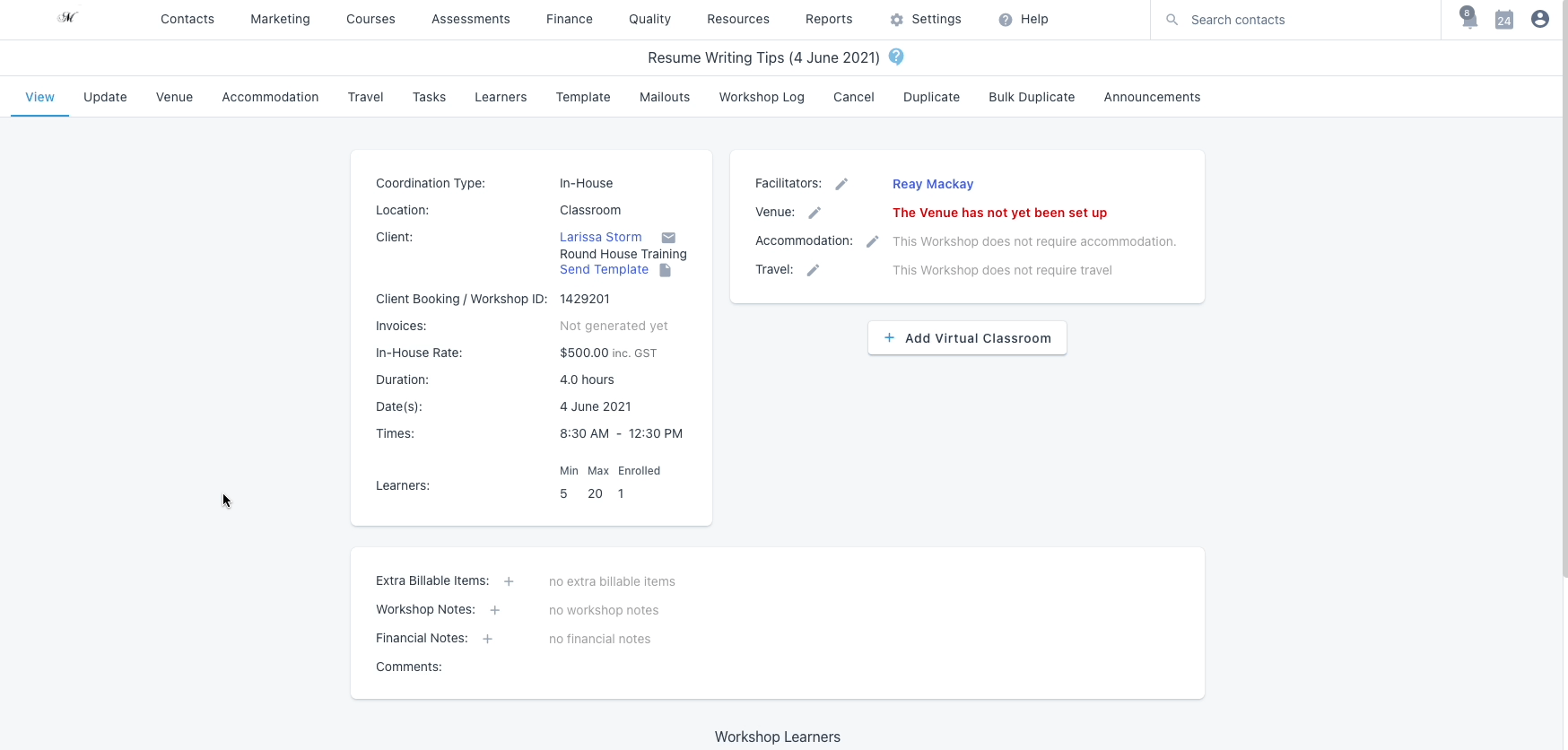 Workshop Management – aXcelerate Support