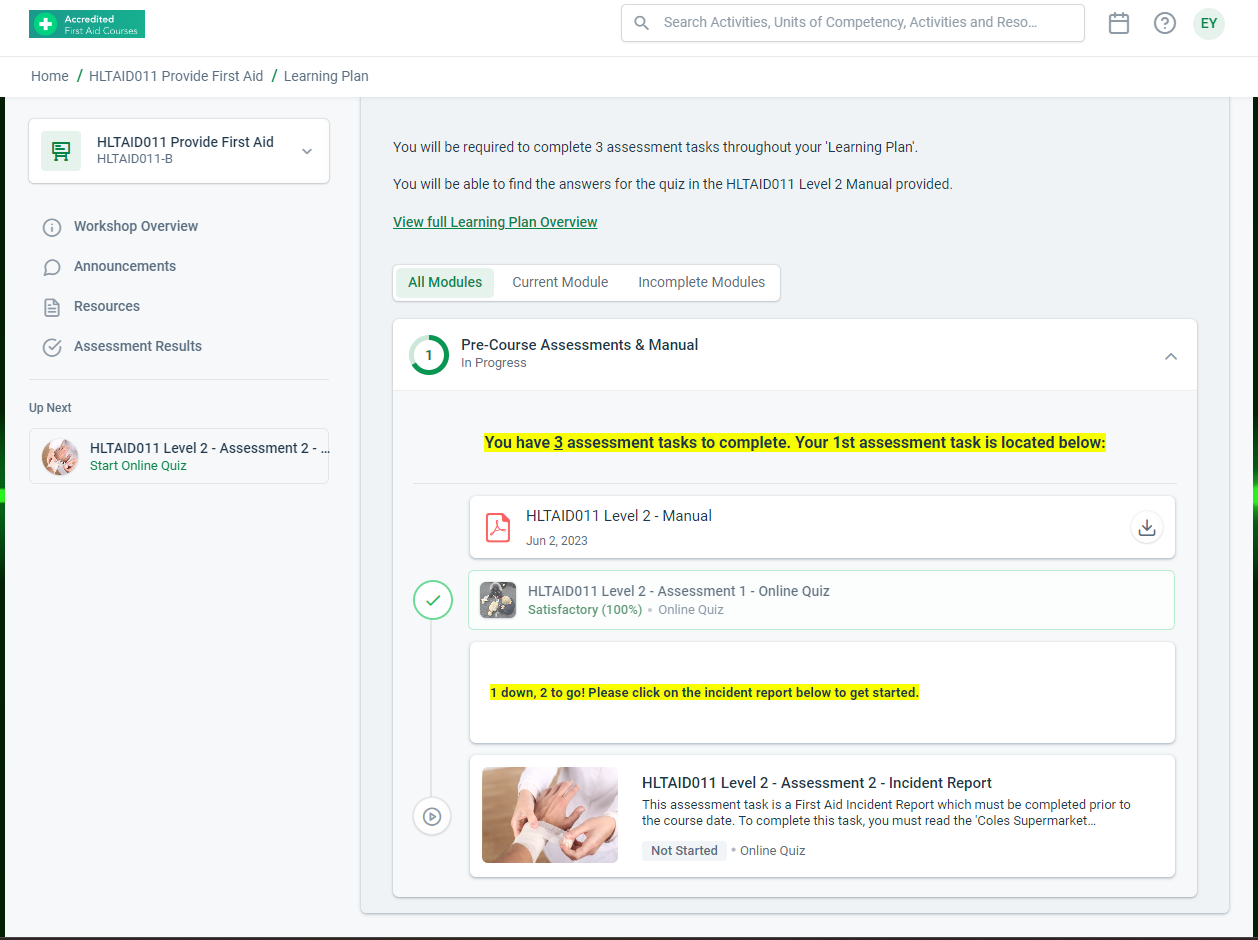 Learning Plan - Completion of Assessment takes you into next Assessment ...